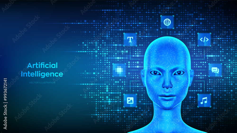 AI. Artificial intelligence concept. Cyborg woman head made with binary code. Female electronic ...