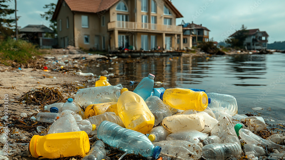 underwater view of plastic pollution and microplastics scattered across ...