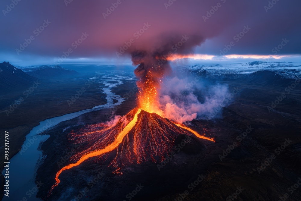 Lava flows from an erupting volcano over rugged terrain, radiating intense heat and dramatic ...