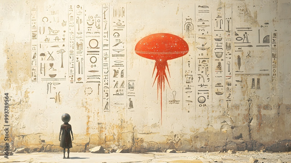 showcasing a fusion of alien hieroglyphs and traditional Egyptian ...