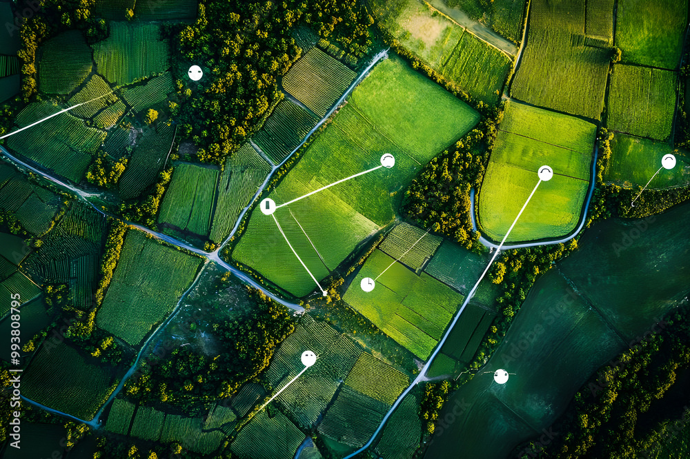 Aerial view of land is depicted with network markers indicating the ...
