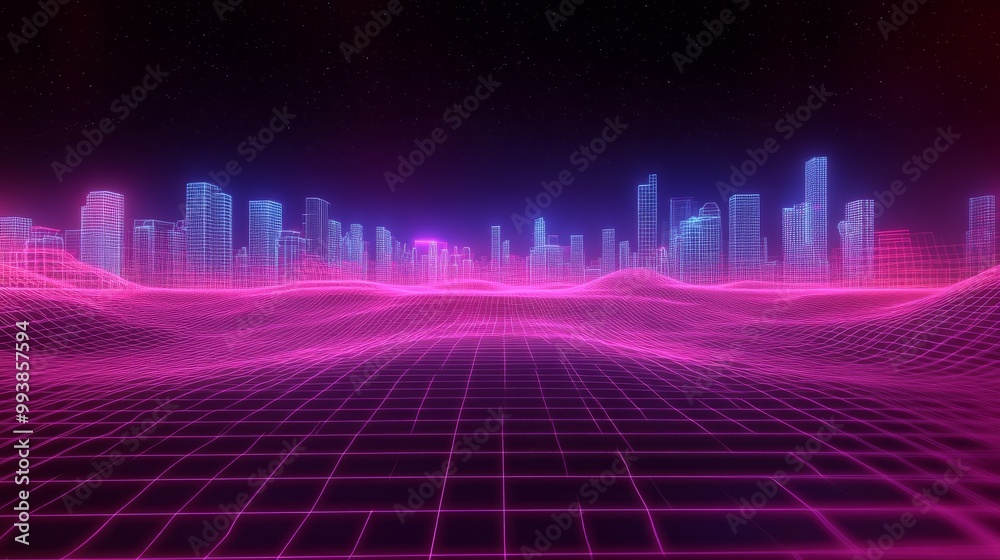Neon Cityscape: Futuristic 80s Retro Skyline Stock Illustration | Adobe ...