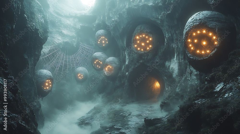 In a dark, fog-filled cavern, the spider queen spins webs around human ...