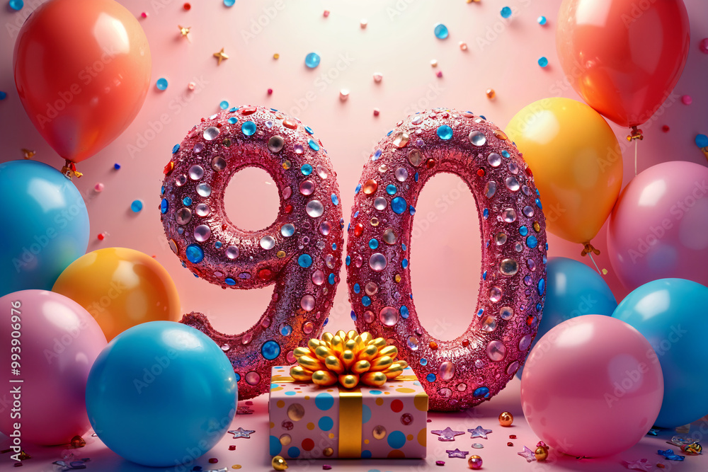 90th birthday card. Large number 90 with a gift box and additional ...