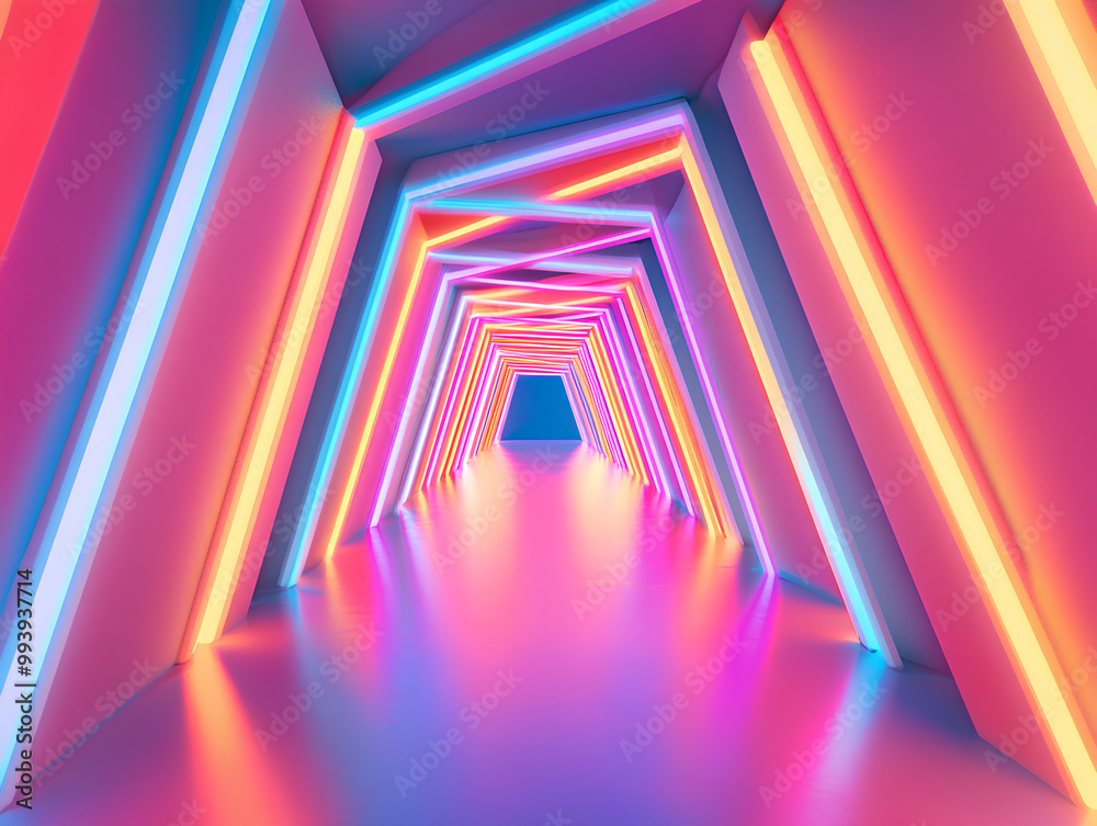 Infinite tunnel of geometric shapes glowing in vivid pink, orange, and ...
