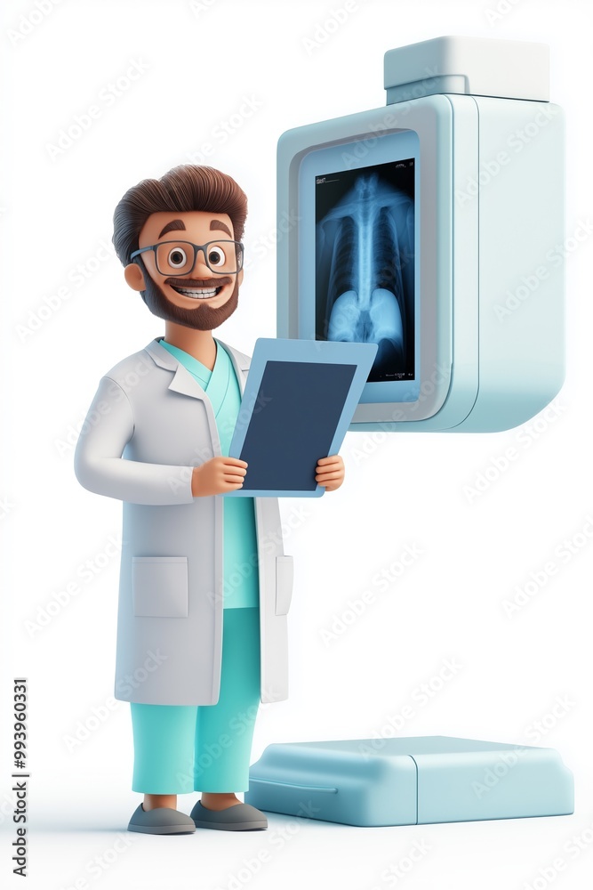 Cartoon male radiologist standing next to an X-ray machine, holding a ...