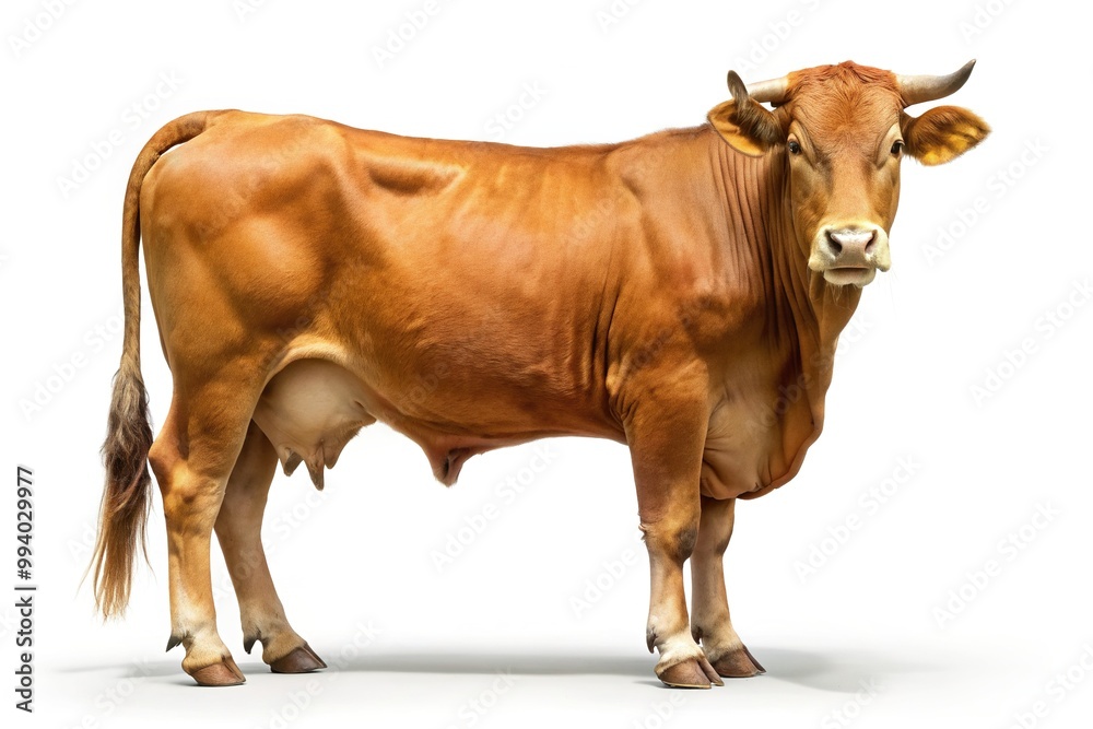 Isolated brown cattle cow stands majestically alone on a pure white ...