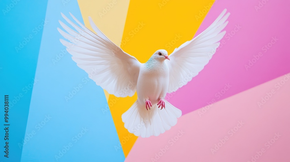 Dove flying gracefully on a multi-colored background, representing ...