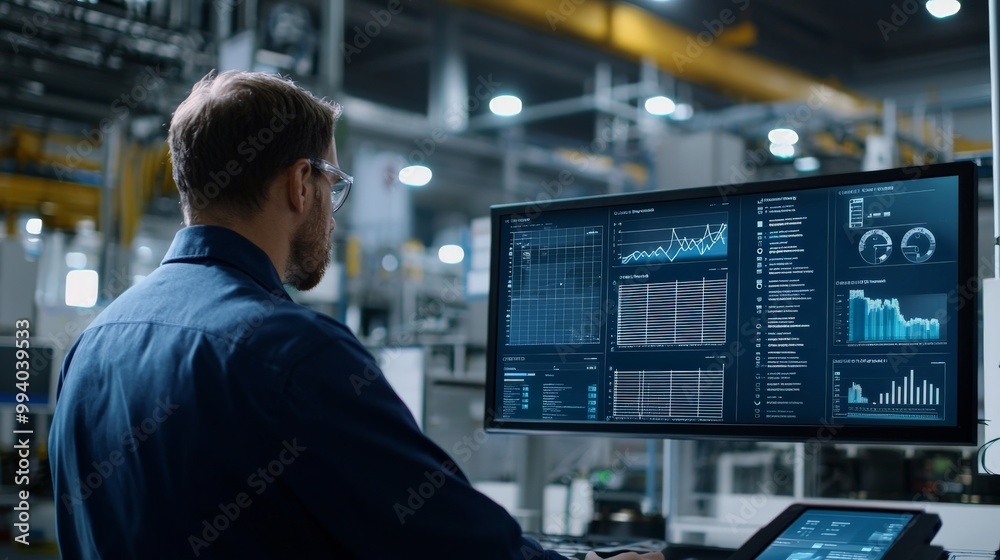 A factory manager reviewing efficiency metrics on a digital dashboard ...