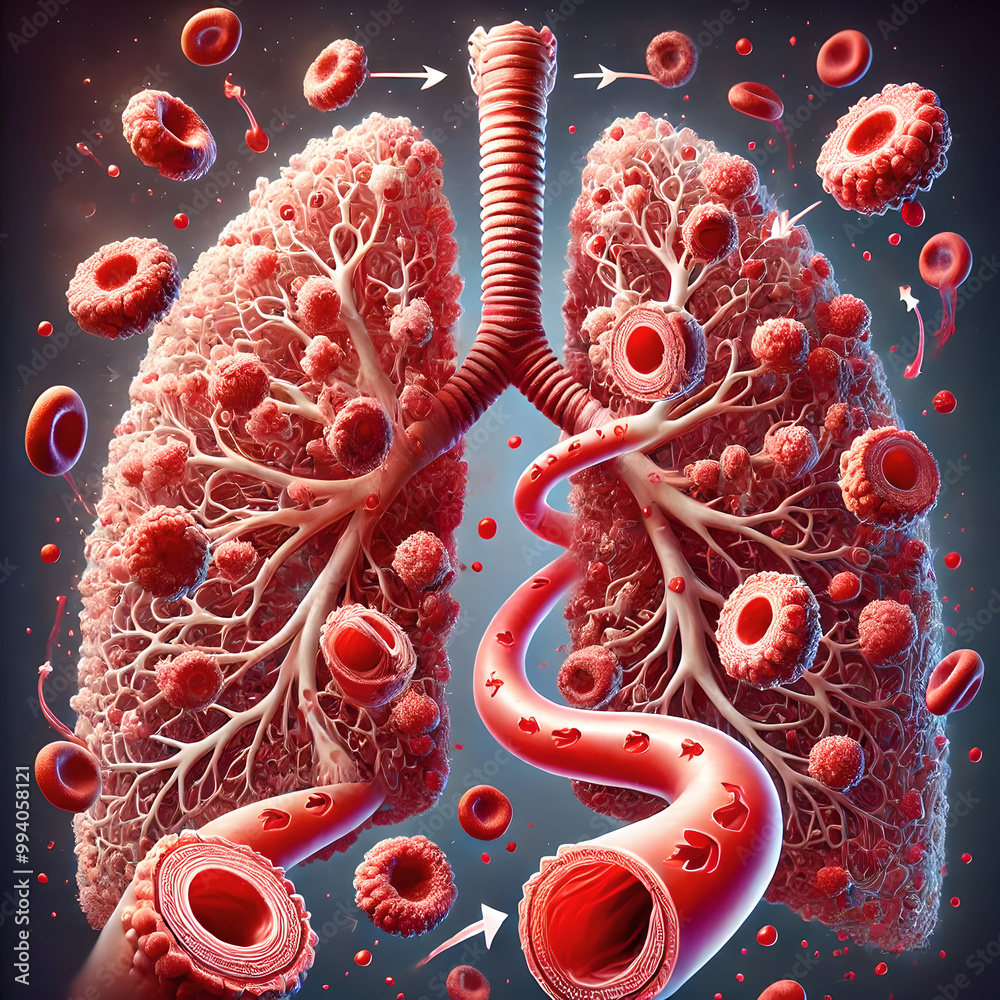 Capillaries surrounding the alveoli in lungs, illustrating process of ...