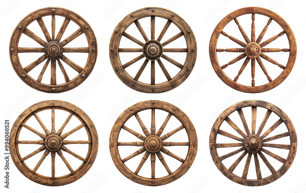 Set of rustic wooden wagon wheels in vintage style isolated on ...