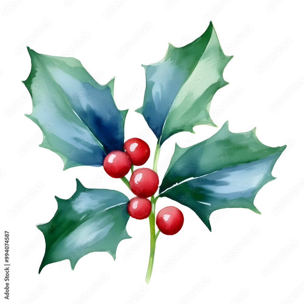 Christmas-red color themed watercolor cute clipart hand drawing, Holly ...