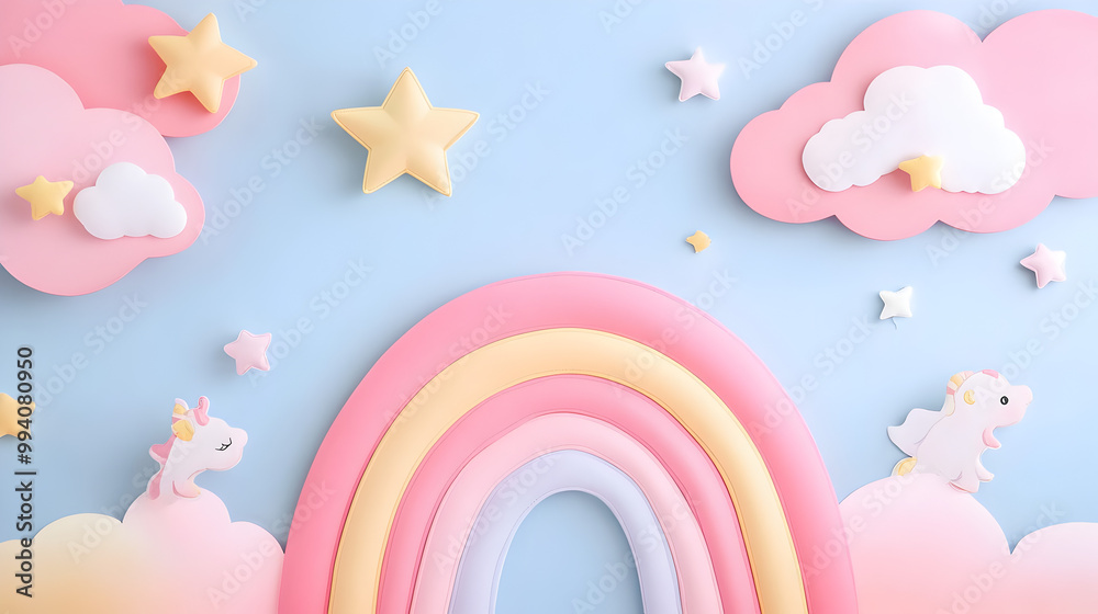 fondo infantil de colores pastel con arcoiris nubes y estrellas ...
