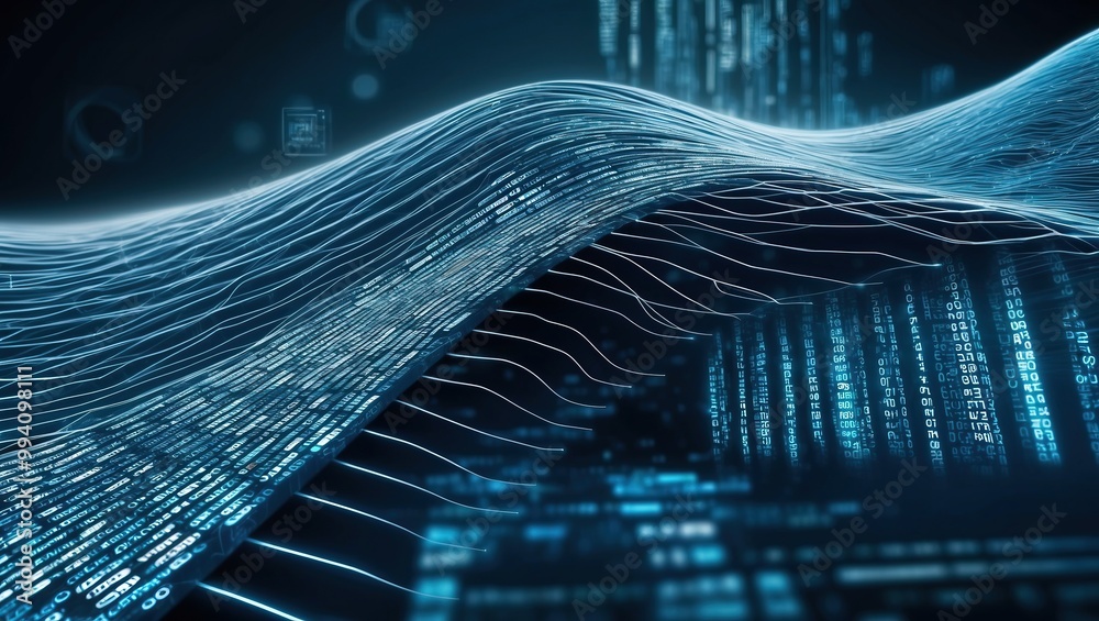 Abstract digital wave design features flowing lines and data ...