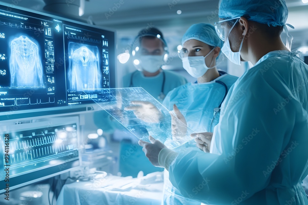 Cutting edge futuristic medical facility featuring holographic displays ...