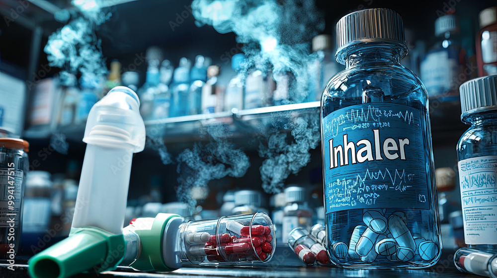A well-organized assembly of medications and inhaler, showcasing ...