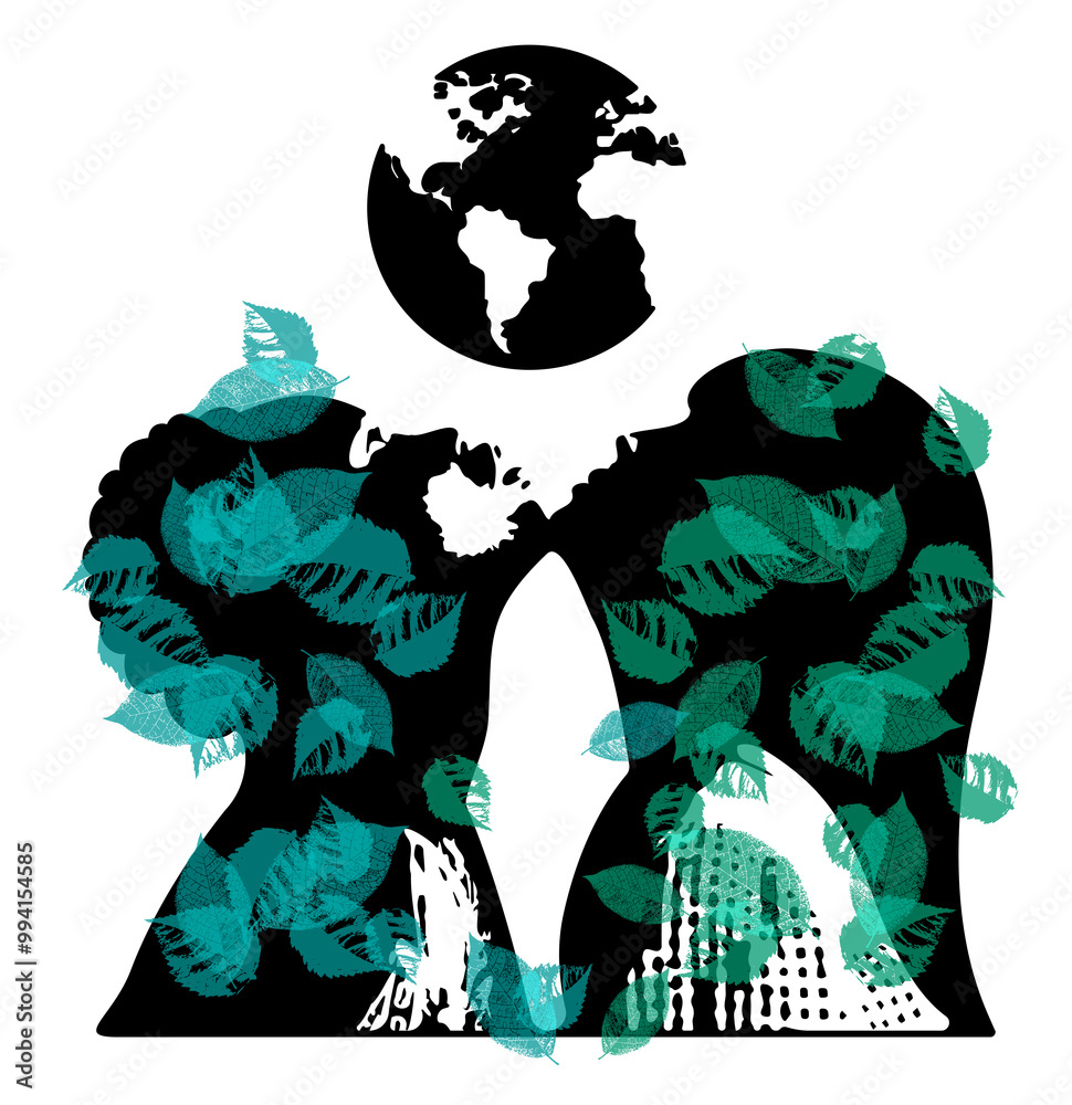 People with a planet. Outline drawing with colored elements. Green ...