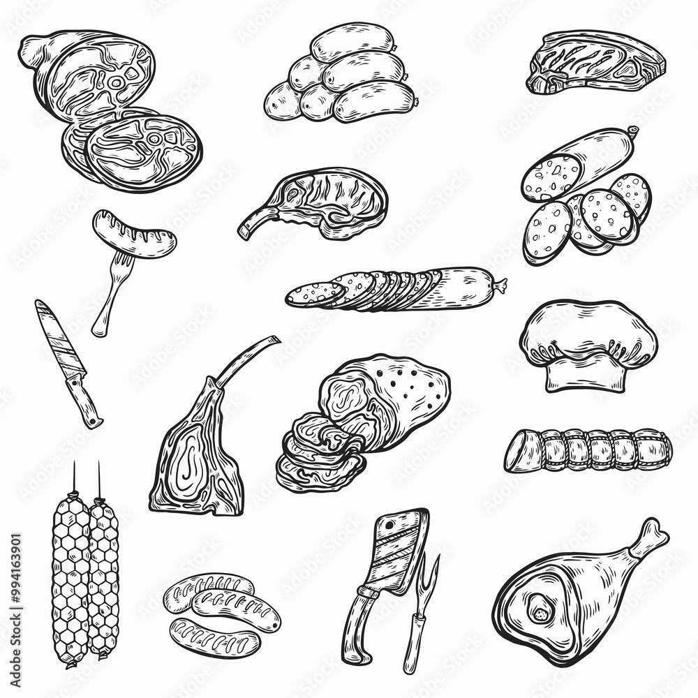 Line drawing of meat. Set of meat and meat products for label, sign ...