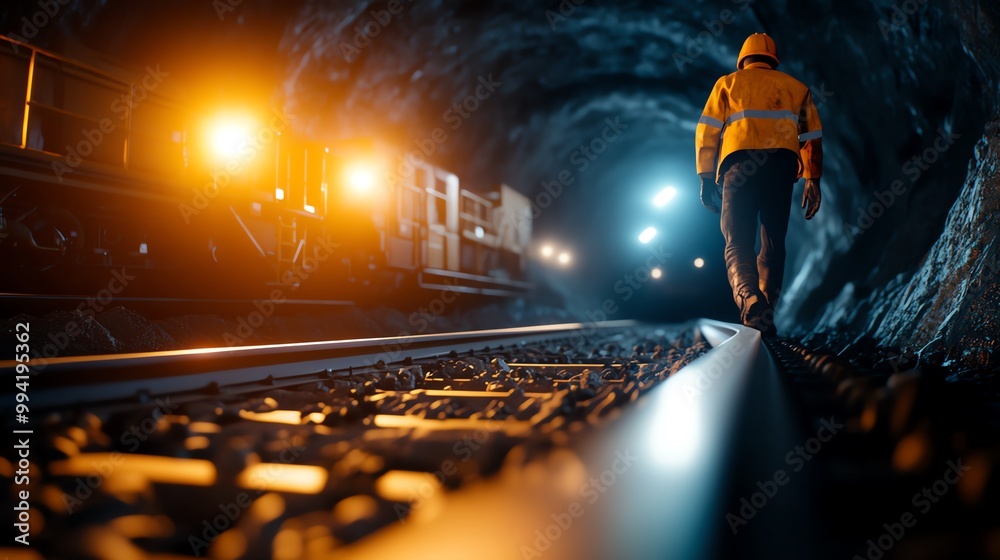 A miner wearing safety gear walking along the railway tracks inside a ...
