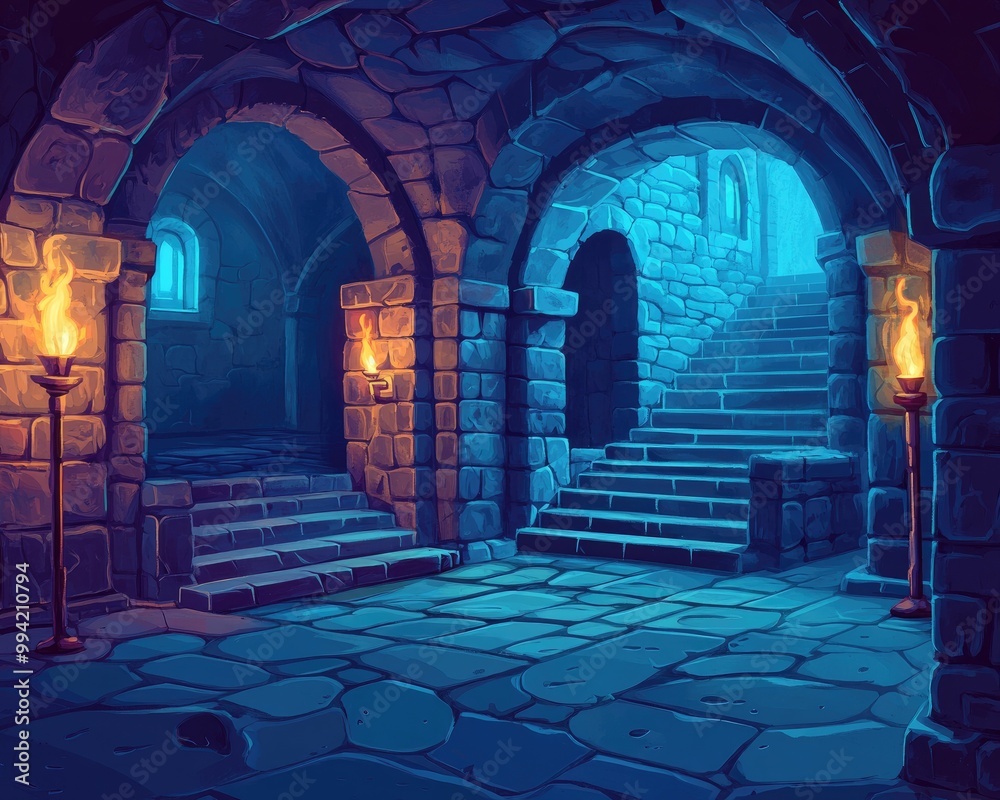 Fantasy castle dungeon featuring torches an arched chamber and stairs ...