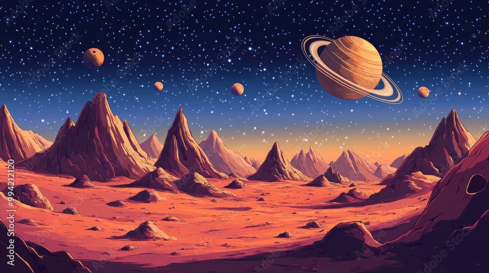 Fictional alien terrain featuring a red desert landscape mountains ...