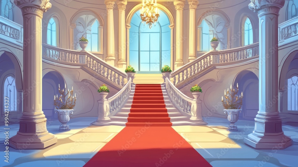 Cartoon illustration of a lavish castle hall featuring a marble ...