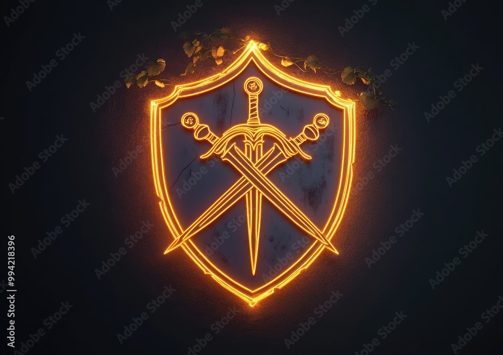 Glowing neon outline of a medieval shield featuring crossed swords ...