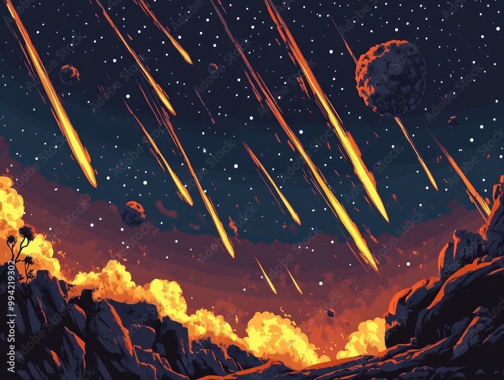 Meteor shower asteroids or meteorites streaking through a starry night ...