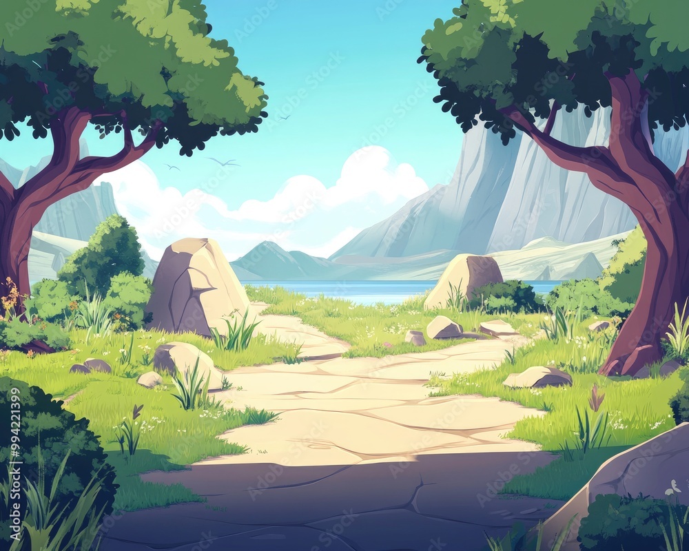 Fantasy cartoon 2D nature landscape background featuring layered ...