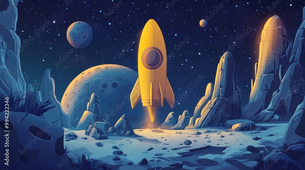 Cartoon yellow spacecraft featuring a nucleus Alien home planet design ...