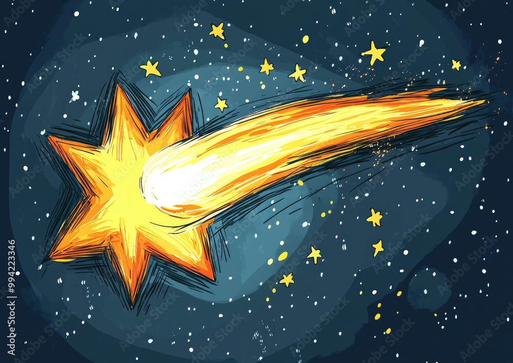 Hand drawn flying star and comet in a 2D cartoon style featuring an ...