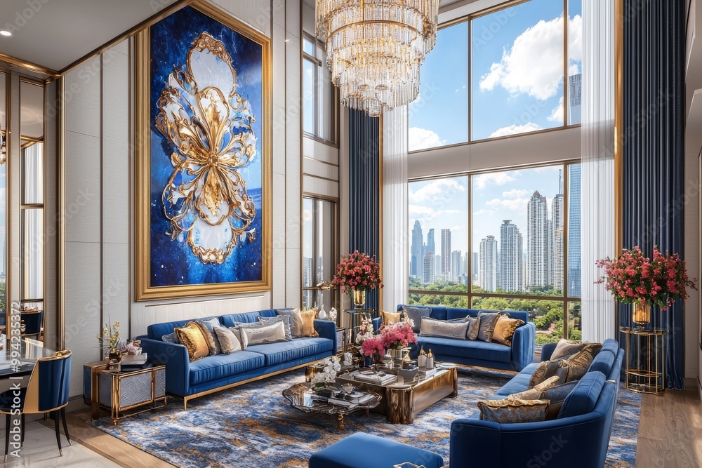 Using warm blue and khaki colors as the walls blend in with the design ...