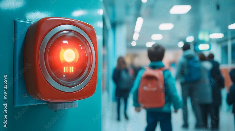 Close up view of a loudly sounding emergency evacuation alarm with red ...