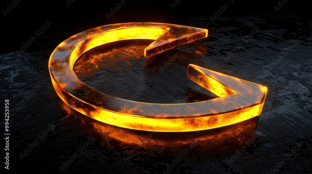 An orange and yellow neon light refresh icon is set against a black ...