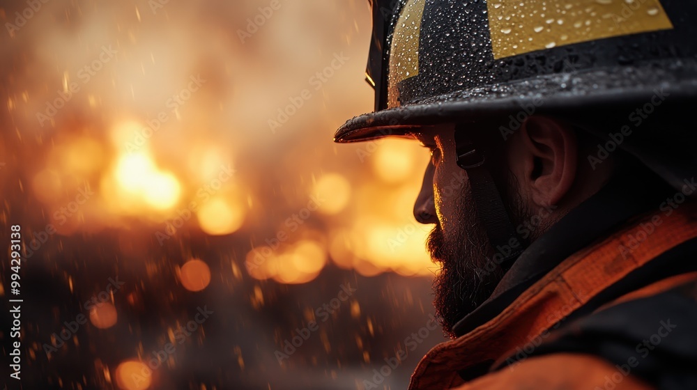 A close-up profile of a firefighter wearing their helmet and protective ...