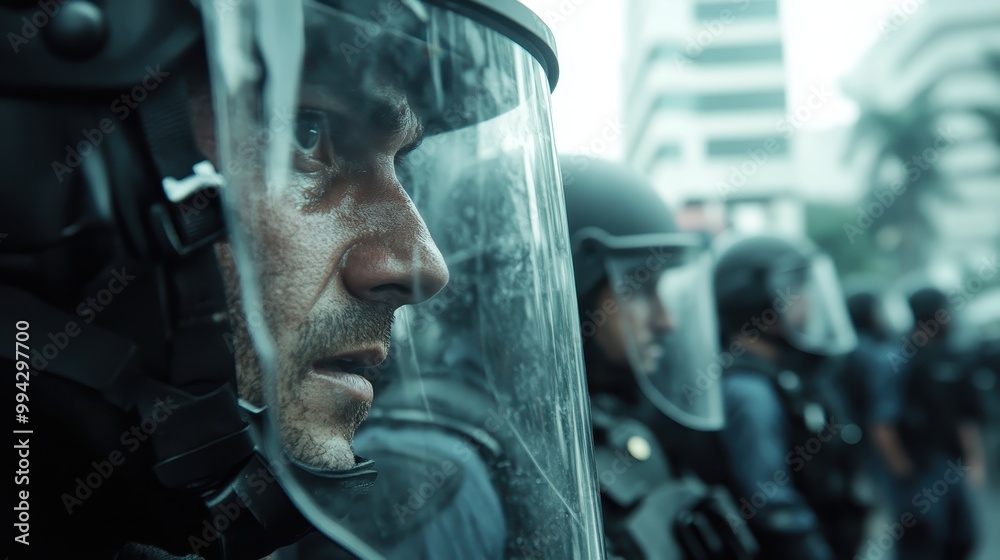 Riot police stand in a line with protective gear and shields, ready for ...