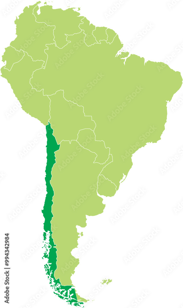 Highlighted map of CHILE inside detailed blank flat political map of ...