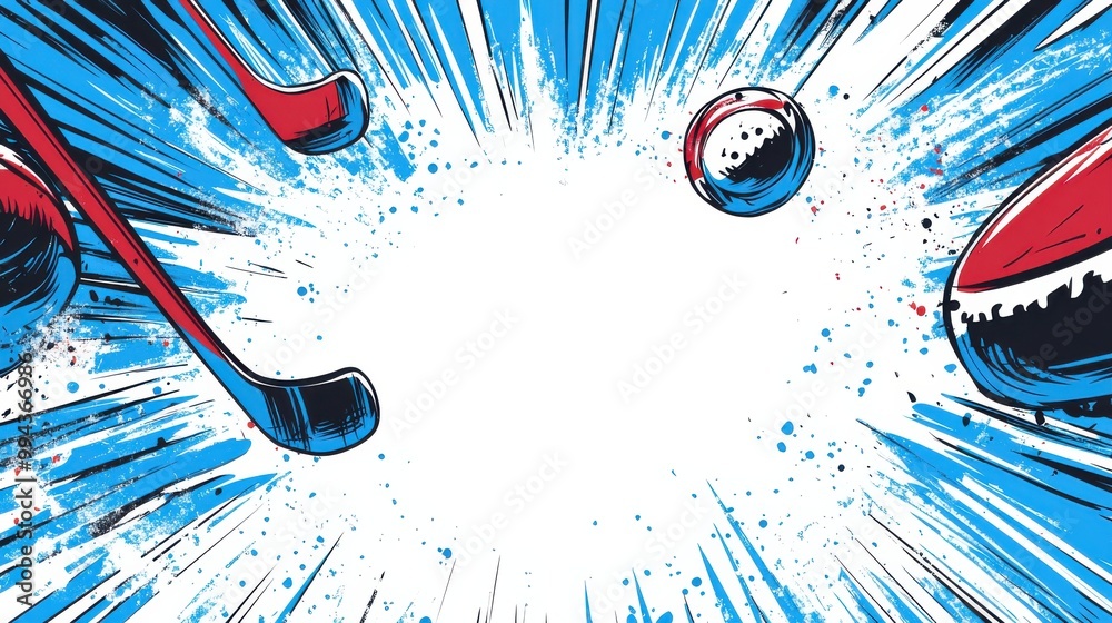 Dynamic hockey-themed comic book illustration with flying pucks in ...