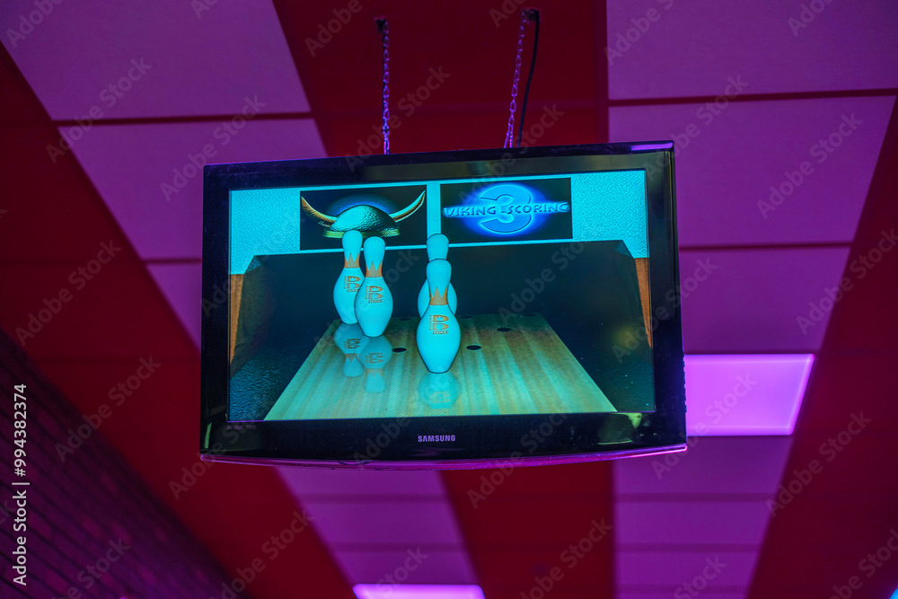 Bowling screen displaying pins and Viking scoring animation during game ...