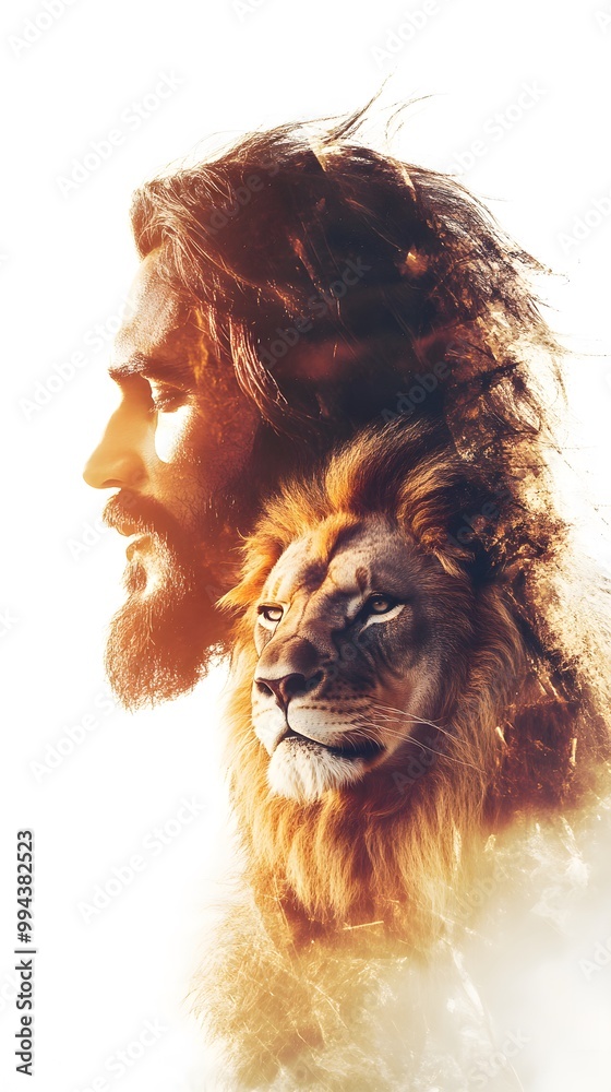 Jesus and a lion, double exposure photography, white background ...