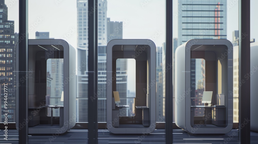 Three sleek, modern phone booths with glass walls create a futuristic ...