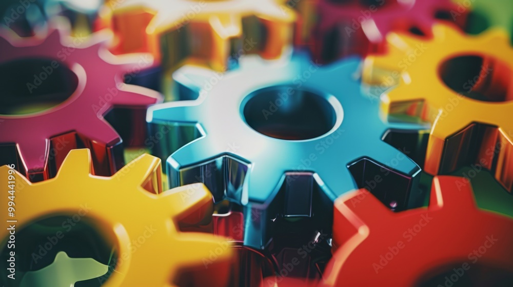 Vibrant, interlocking cogs of various colors under studio lighting ...
