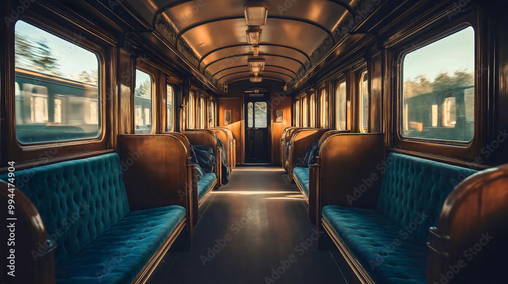 Vintage train interior, old wooden carriage, retro railway transport ...