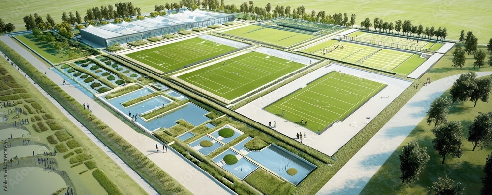 Technical drawing of a high-efficiency sports complex, including ...