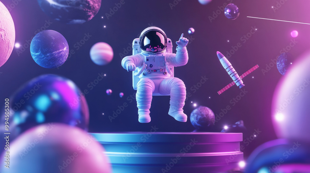 A Modern Metallic Podium With Floating Planets Space Stations And Astronaut Figures With