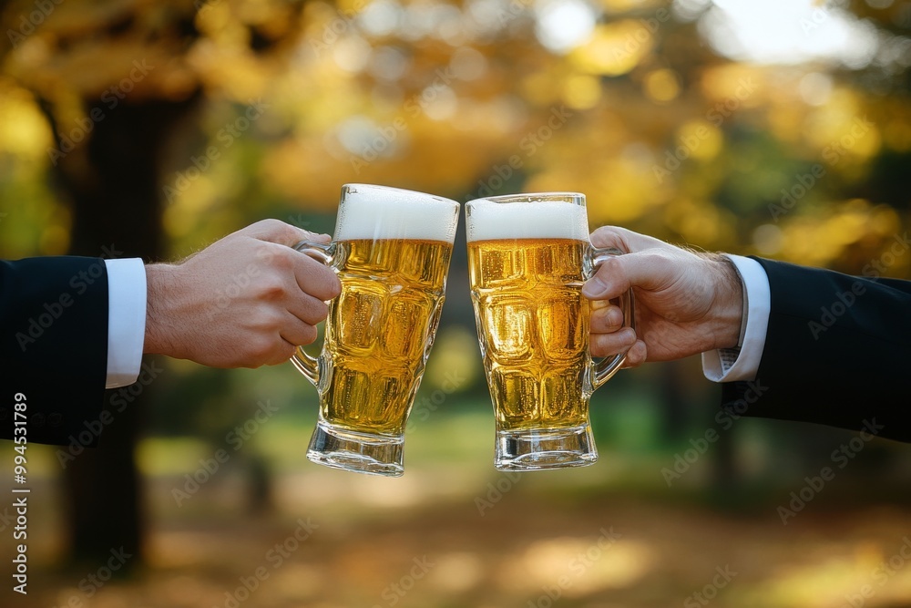 Friends drinking aperitif beer half pint together, Hands of young ...