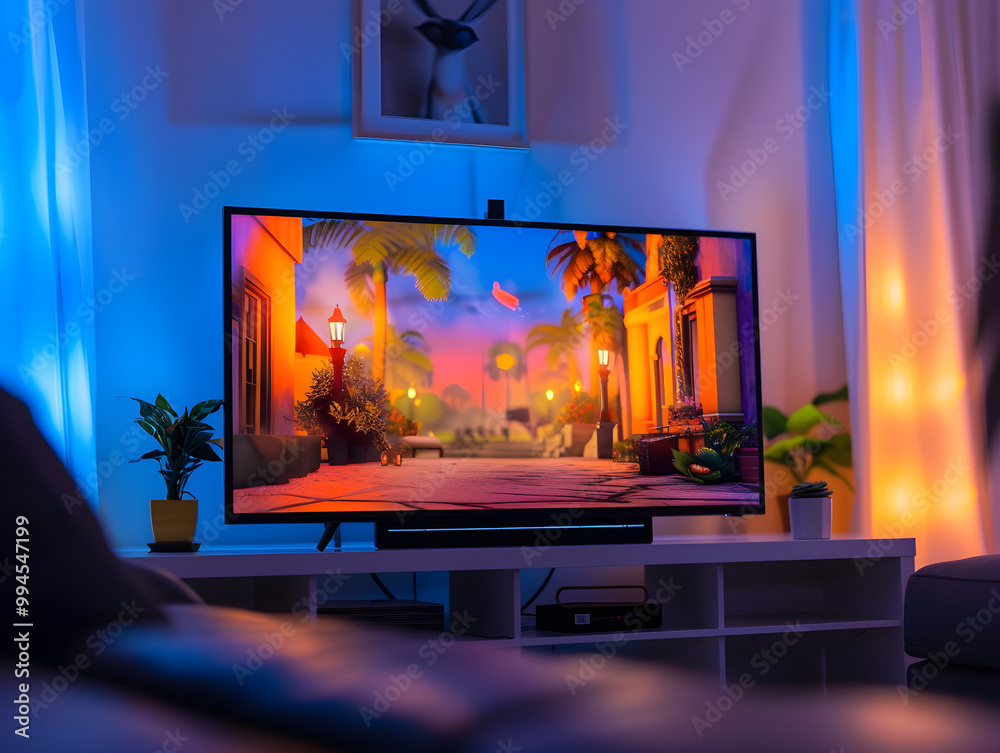 Colorful cartoon characters jumping and playing on TV screen, bringing ...