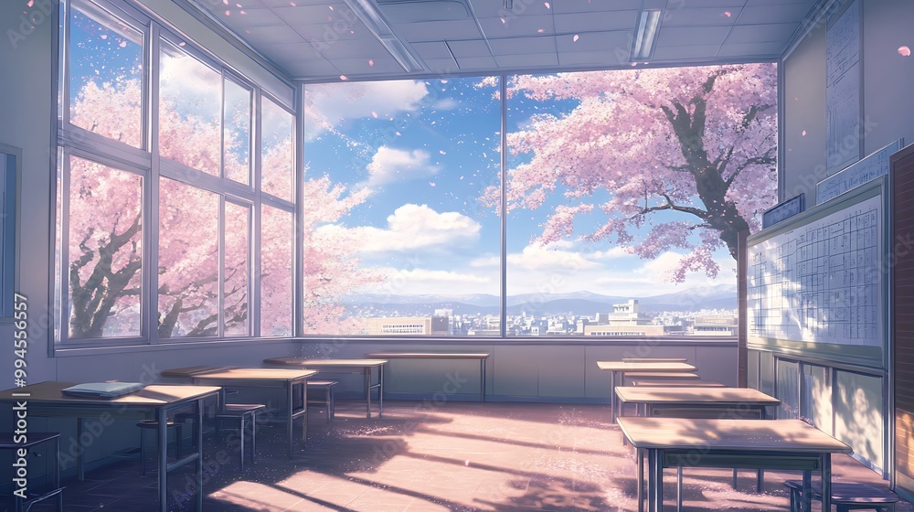 Anime style classroom with large window overlooking cherry blossom ...