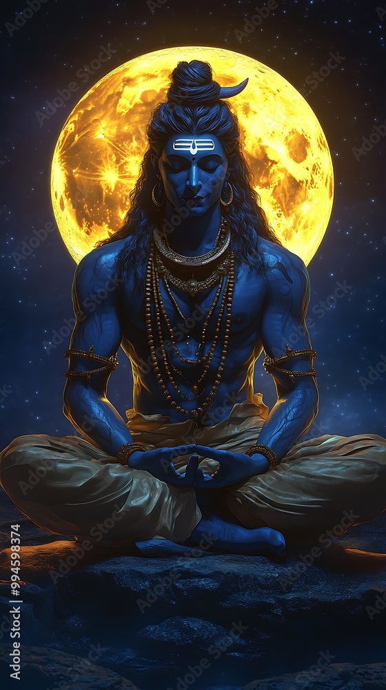 Lord Shiva meditating with a full moon behind him. Hindu god, deity, religion, spirituality ...