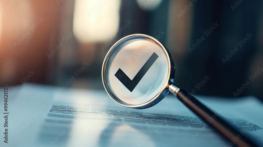 Magnifying glass and checkmark icon Represents document verification ...